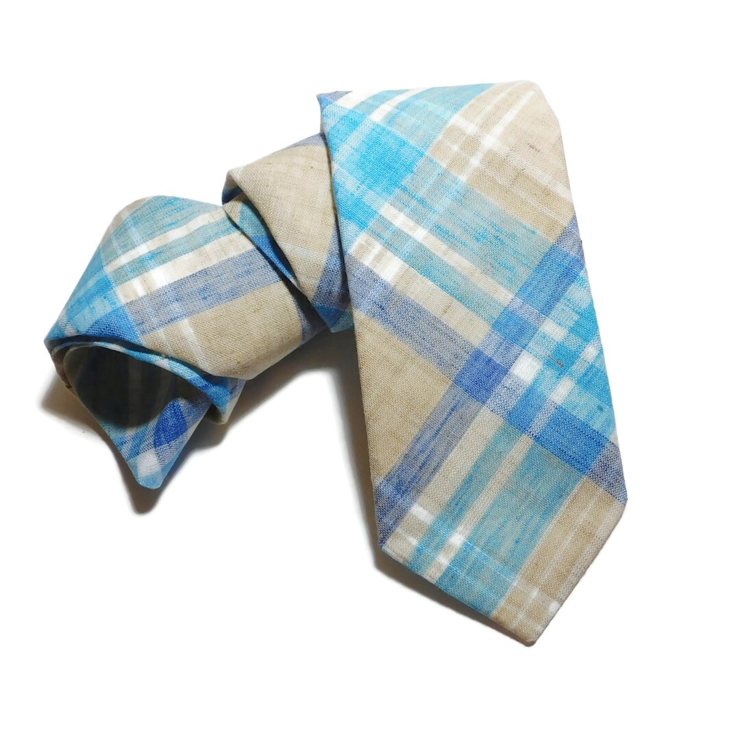 Blue and Tan Tartan Plaid Linen Look Mens Necktie for Adults With ...