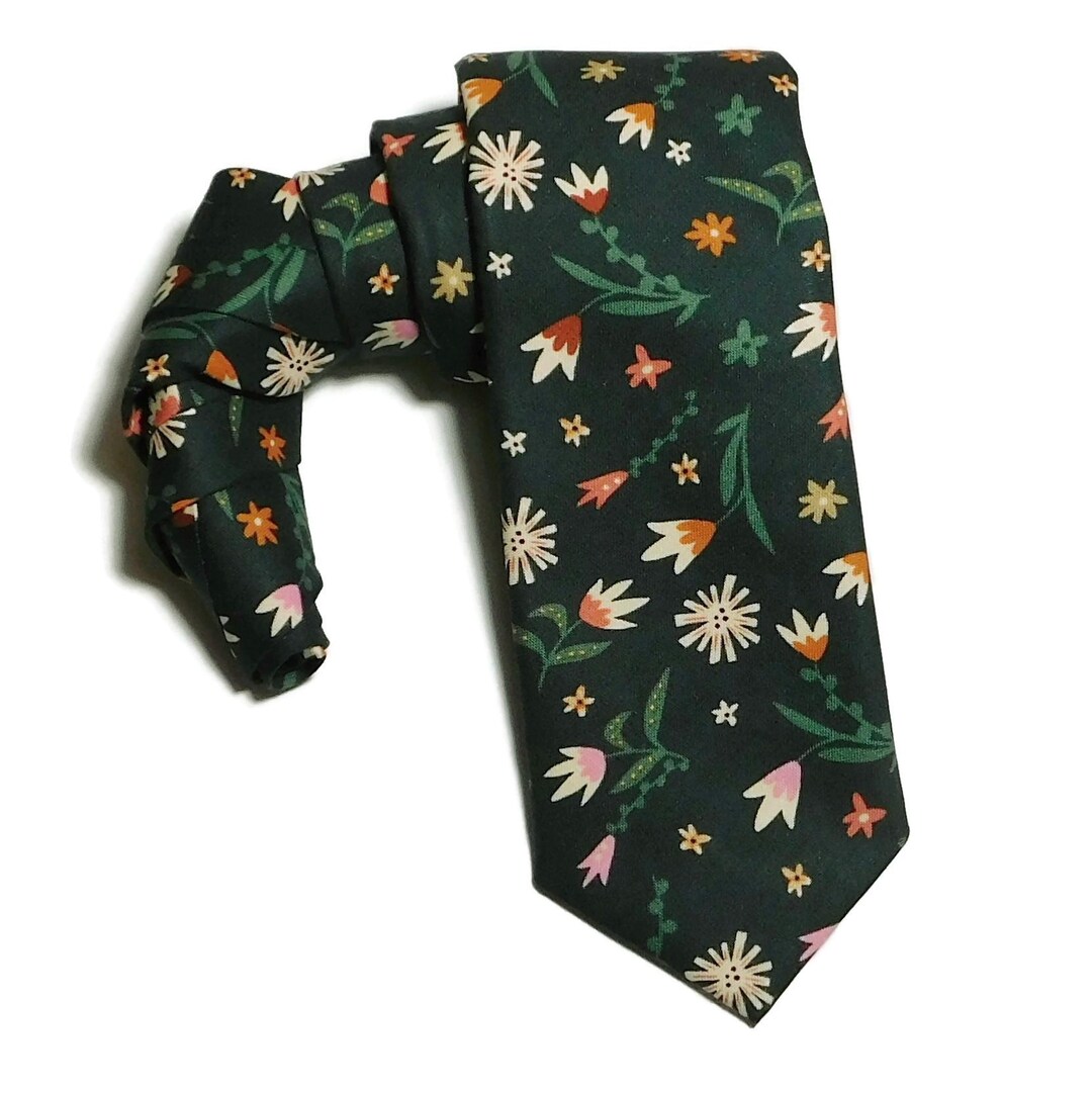 Dark Green Floral Necktie With Pocket Square Option; Standard for ...