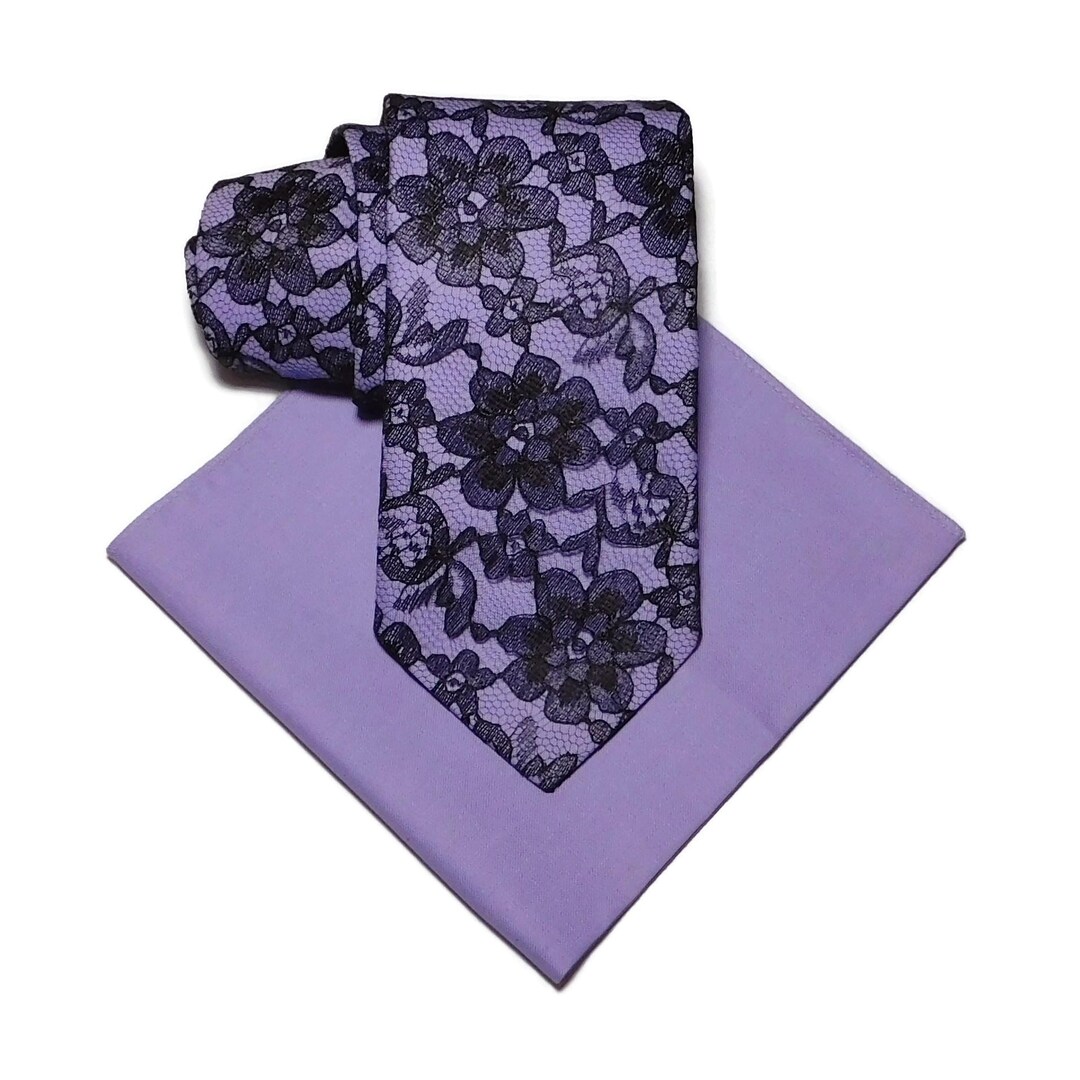 Lilac and Black Lace Traditional Necktie With Pocket Square Option for ...