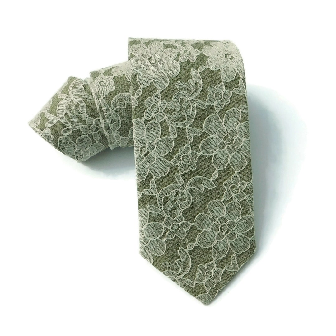 Sage Linen and Ivory Lace Mens Necktie for Adults With Pocket Square ...