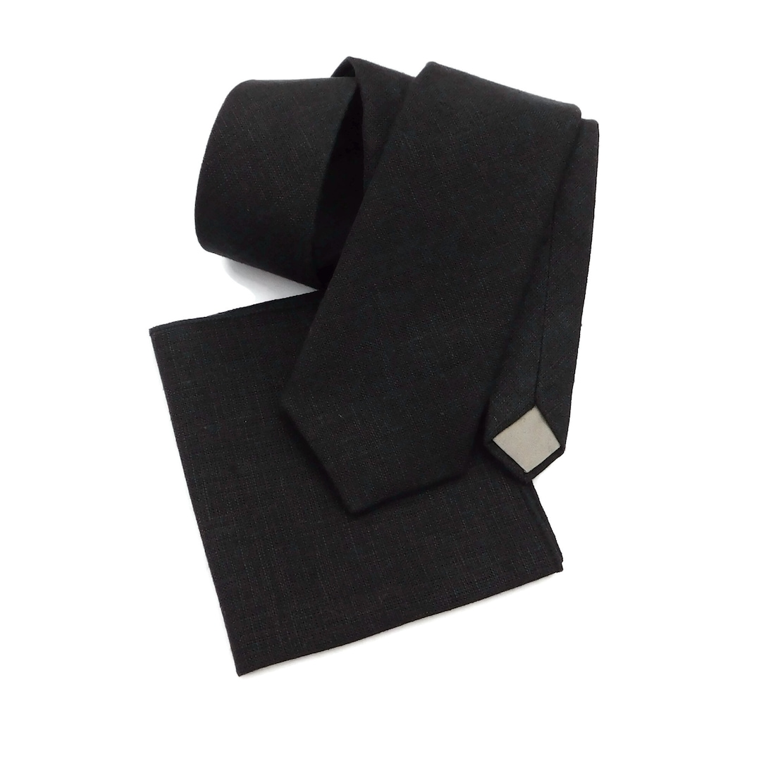 Black Linen Hopsack Necktie: Handmade Textured Tie With Pocket Square ...