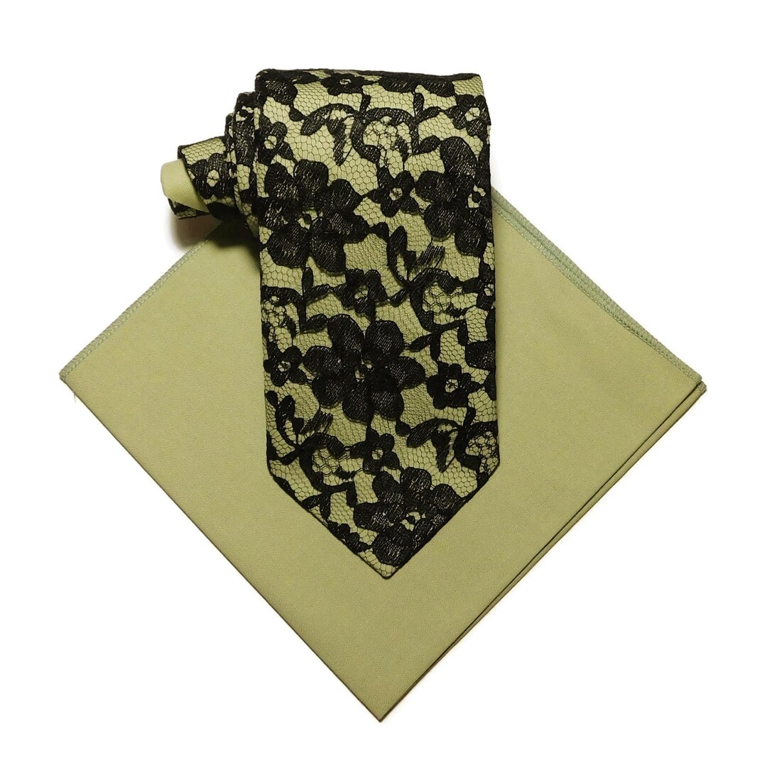 Light Green & Black Lace Necktie, Cotton Pocket Square Option - Etsy