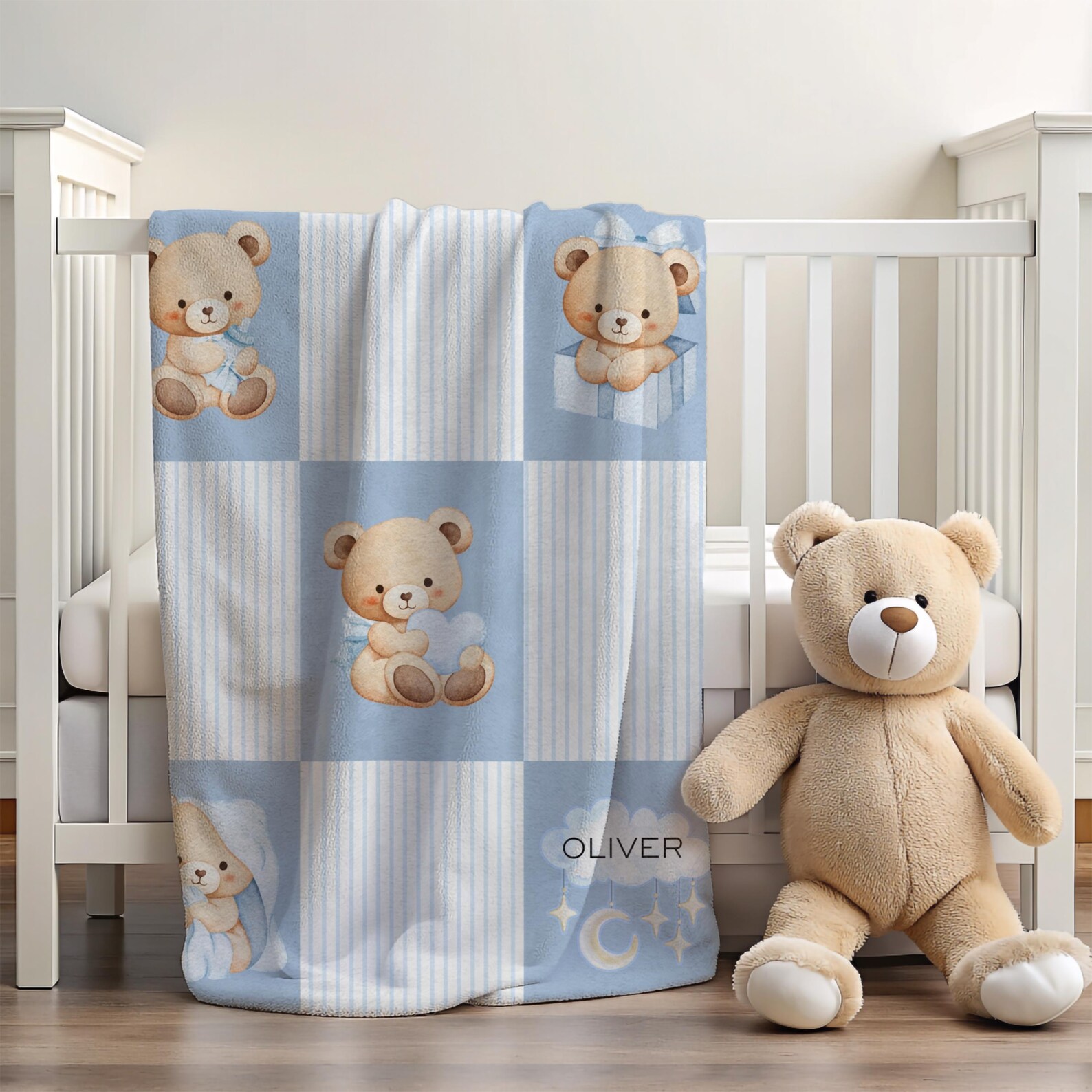 Teddy Bear Baby Name Blanket: Watercolor Teddies Newborn Stripes ...