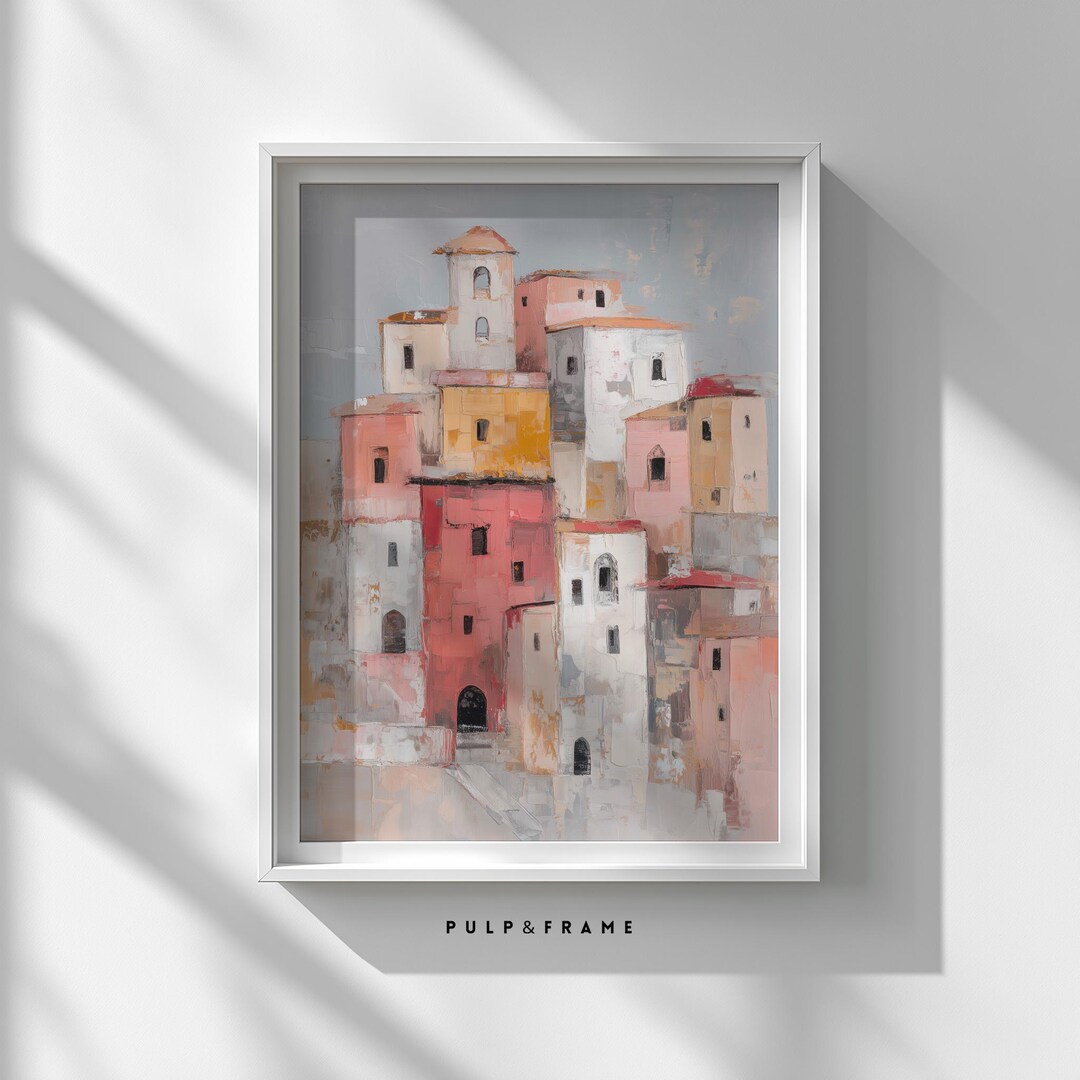 Pastel Village Houses Art Printable Mediterranean Town Wall Art, Soft ...
