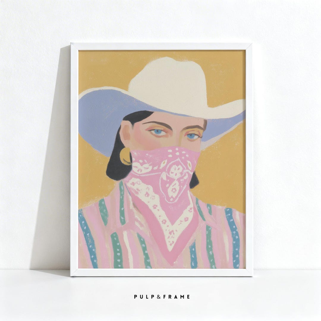 Pastel Scarf Hat Cowgirl Portrait Art Wall, Gouache Western Woman ...