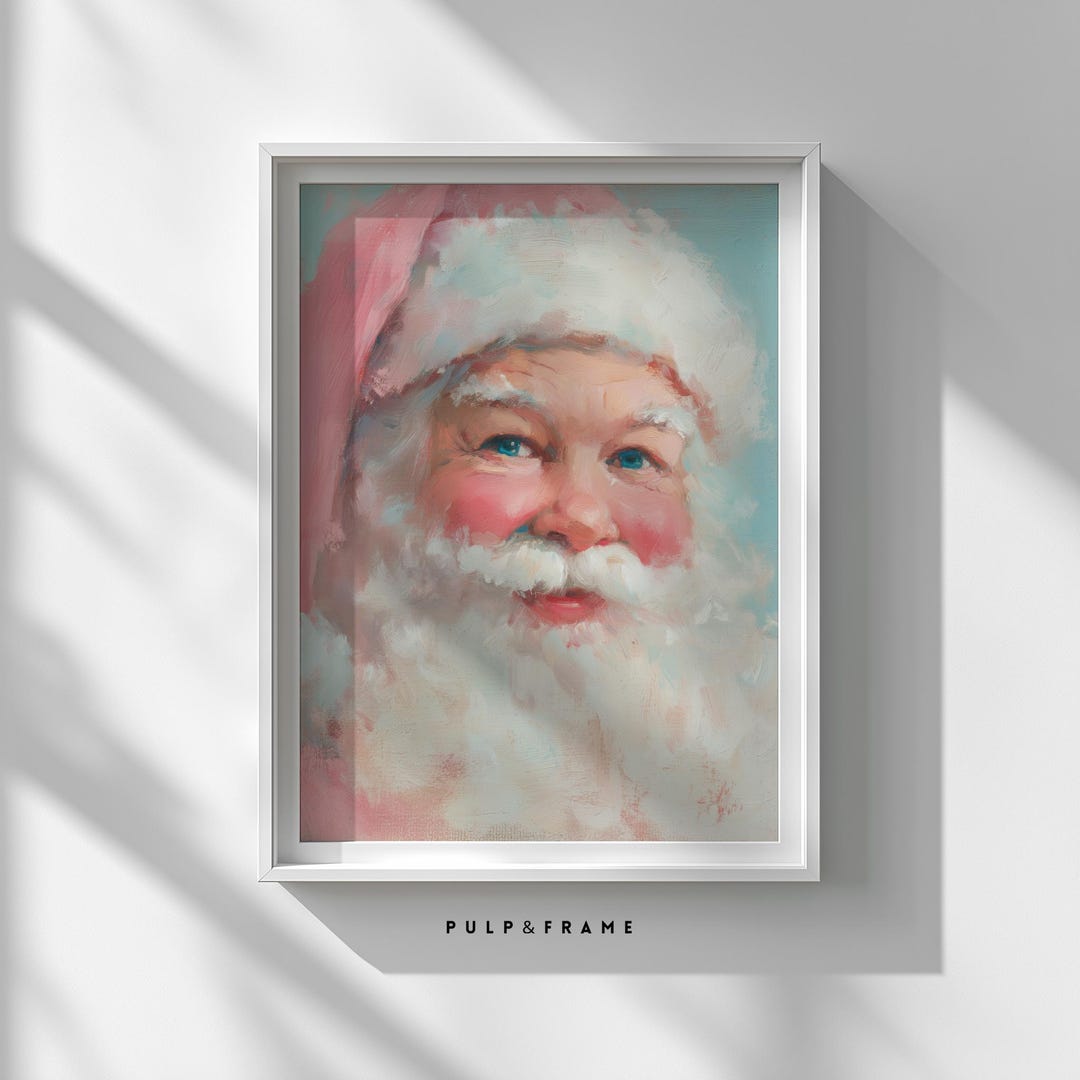 Cheerful Santa Portrait Painting, Vintage Christmas Wall Art, Classic ...