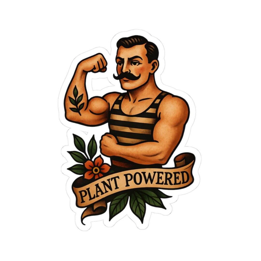 Plant Powered Strongman Sticker - Vintage Color Vegan Athlete Tattoo ...