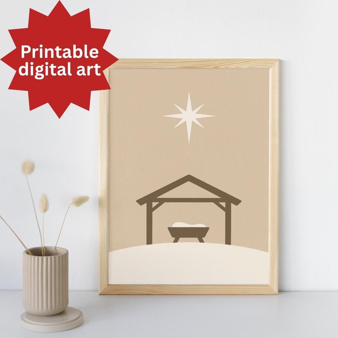 Modern Nativity Print: Minimalist Manger, Christmas Star (digital ...