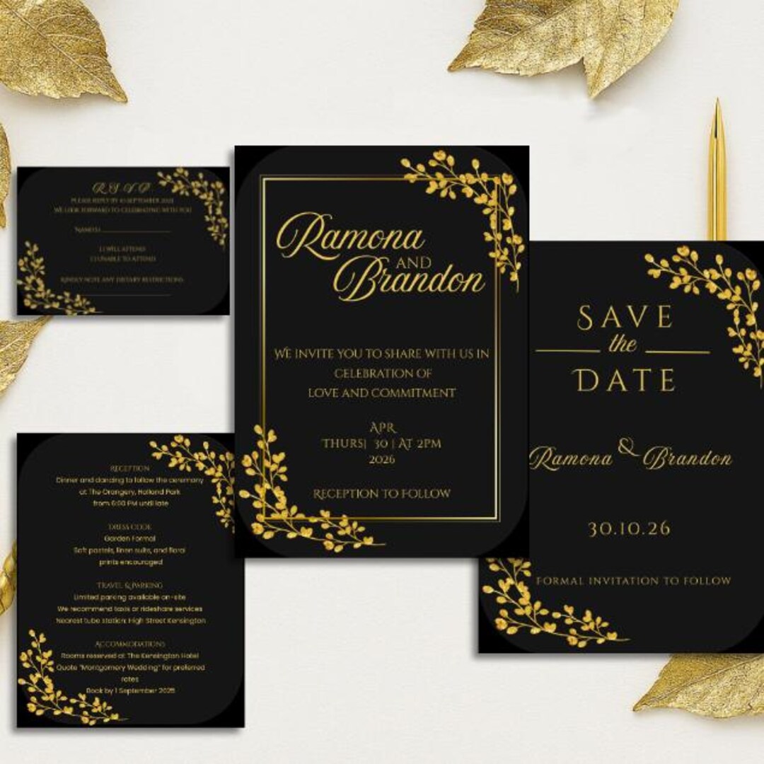 Black and Gold Editable Wedding Invitation Bundle - Etsy