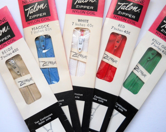 Vintage Zephyr Talon Zippers 7 Inch Nylon Coil Set of Five Colors - Etsy