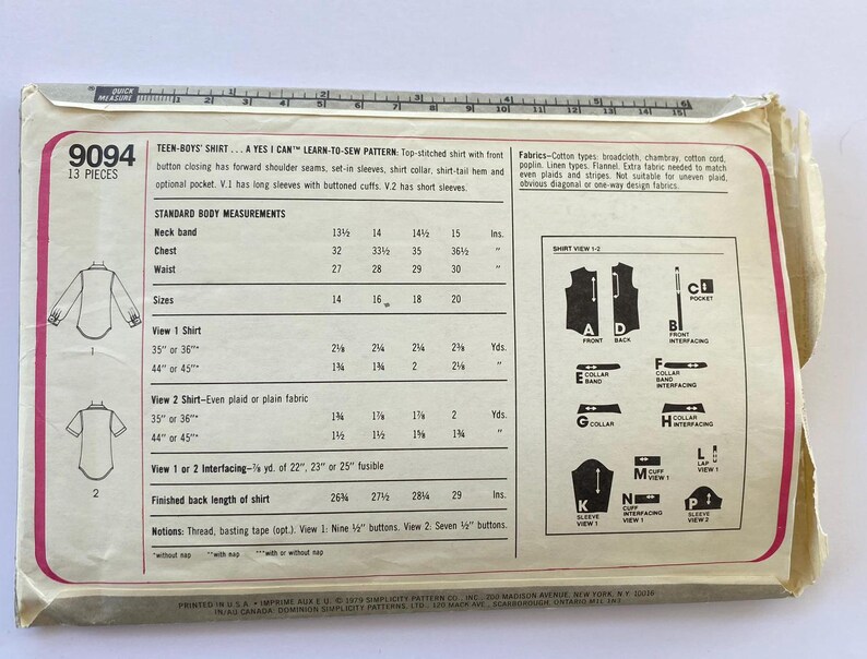 Simplicity 9094 Sewing Pattern, Teen-boys' Body Shirt, 1970s, Vintage ...