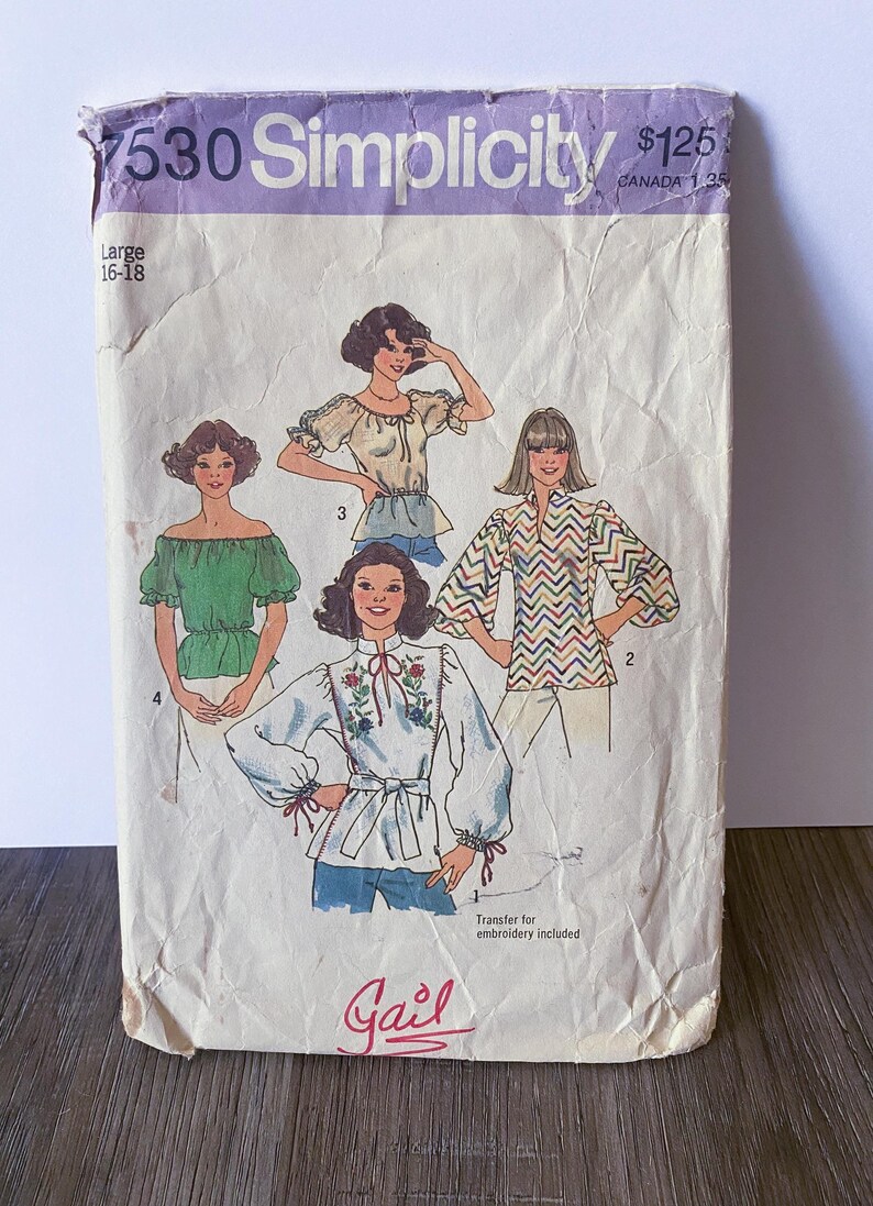 Simplicity 7530 Vintage Sewing Pattern, Misses' Pullover Peasant Tops ...