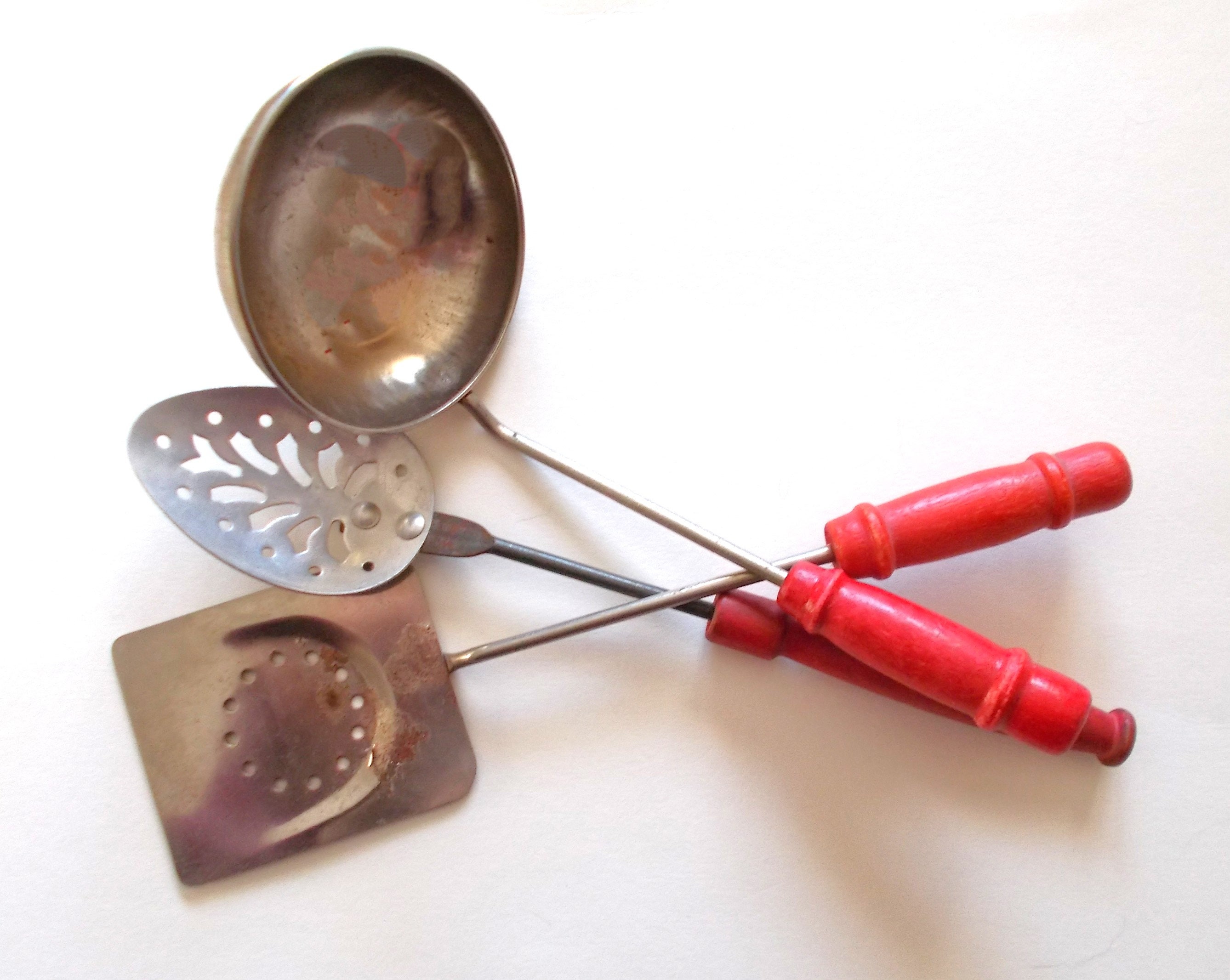 Vintage Toy Kitchen Utensils, Spatula, Slotted Spoon and Ladle With Red ...