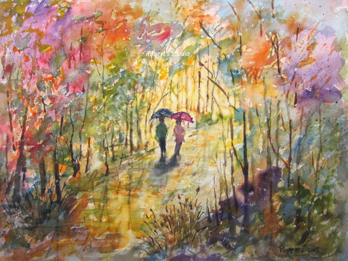Watercolor Painting Print Autumn Painting Autumn Walk - Etsy