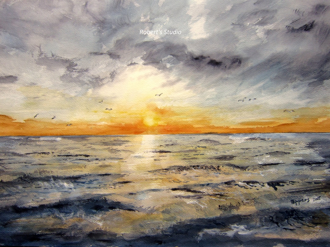 Watercolor Seascape Archival Print, Landscape Painting, Ocean Sunset ...