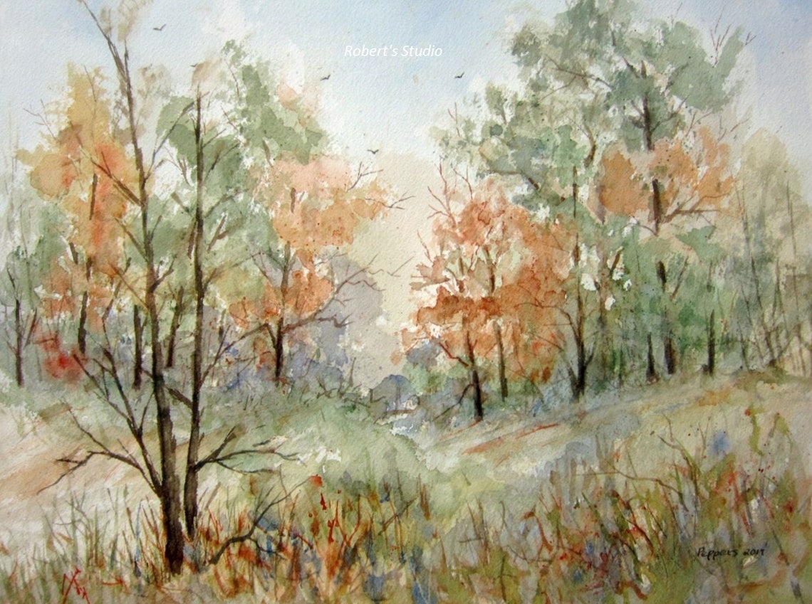 Watercolor Landscape Painting Print Autumn Woods Watercolor - Etsy ...