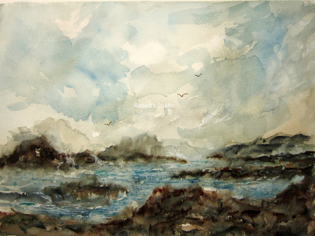 Rocky Shore, Print of Original Watercolor, Seascape Painting, Landscape ...