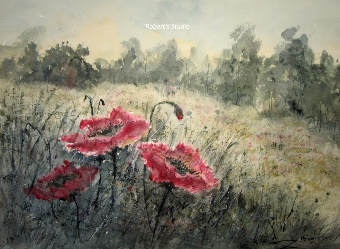 Poppy Field, Watercolor Landscape, Landscape Painting, Watercolor Print ...