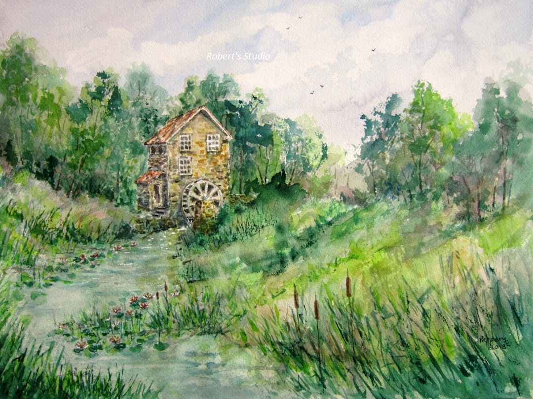 Landscape Painting, Old Mill, Archival Print, Watercolor Mill Painting ...