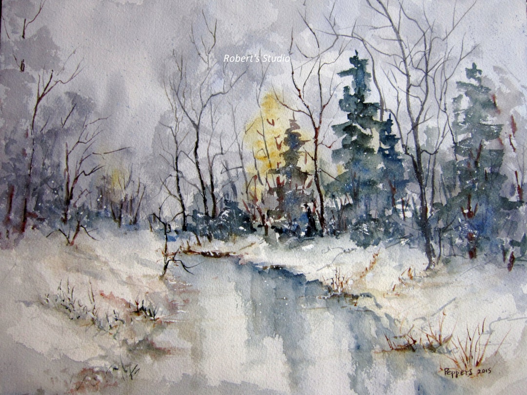 Snowy Winter Landscape, Archival Print, Watercolor Painting, Watercolor ...