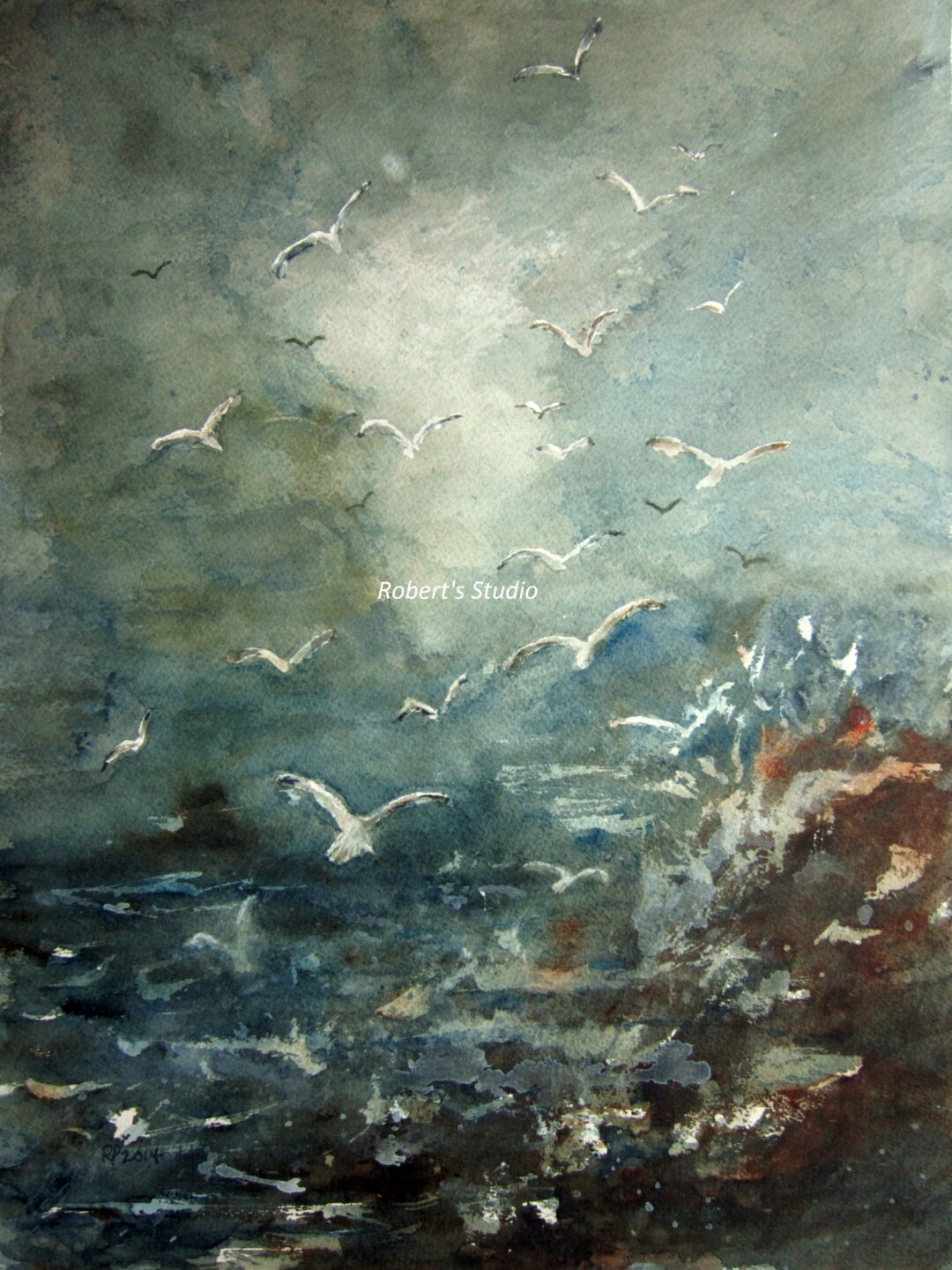 Seagulls, Print of a Watercolor Seascape, Watercolor Art,beach Art ...