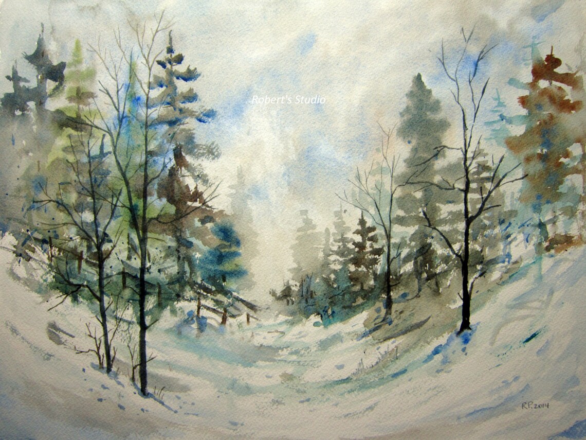 Winter Landscape, Watercolor Landscape, Archival Print, Winter Painting ...