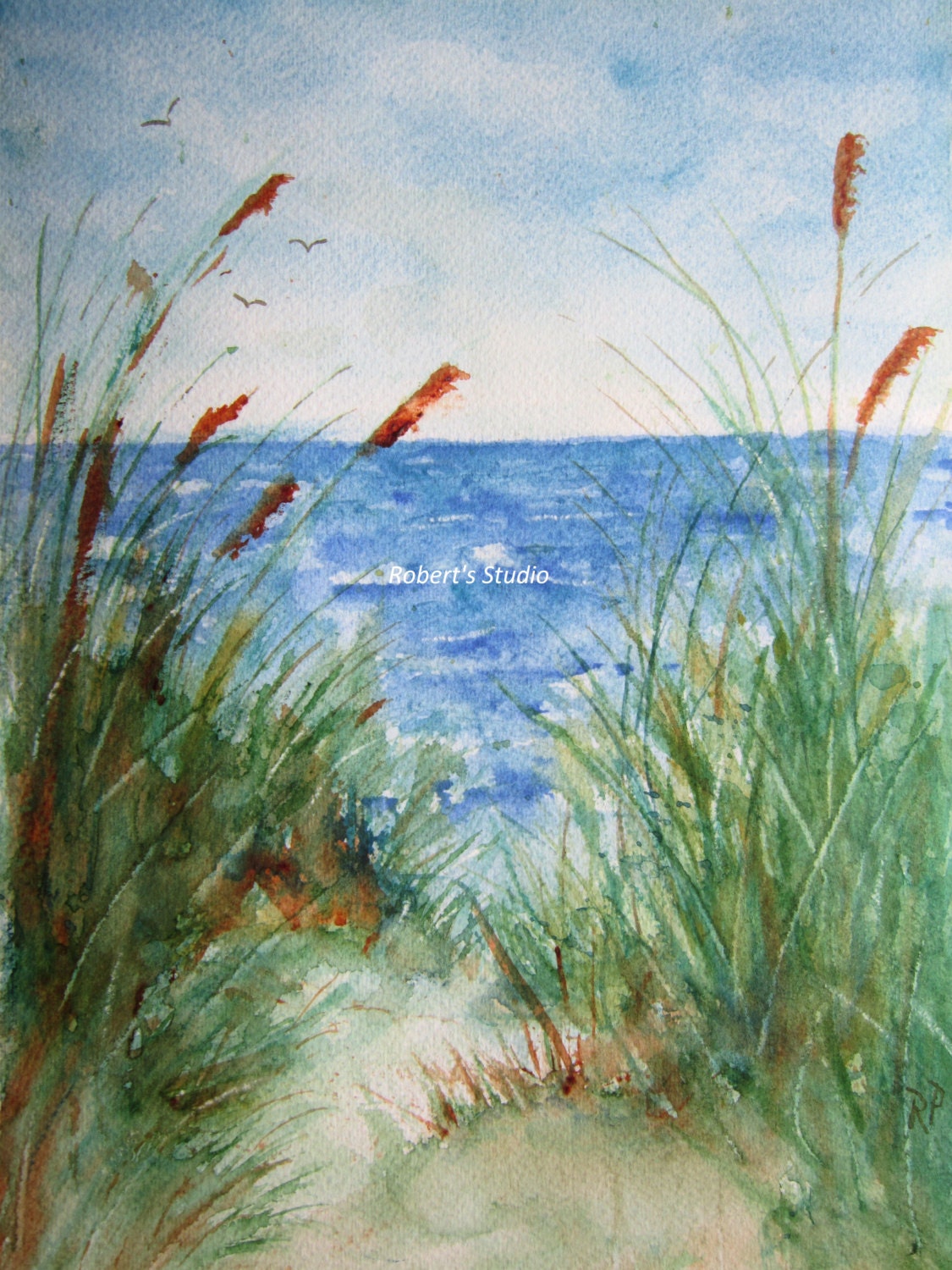 La playa, impresión de acuarela original pintura de paisaje marino ...