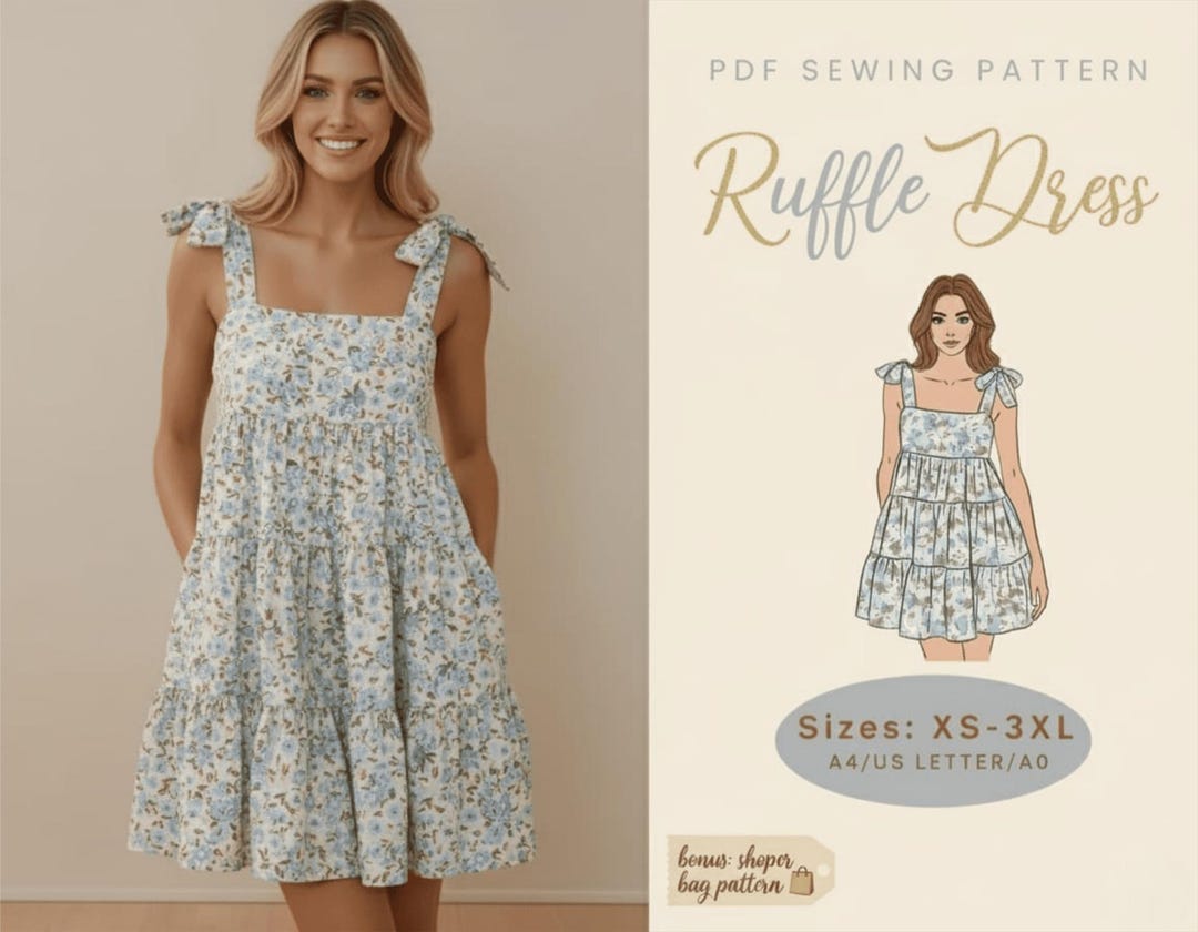 Cotton Ruffle Dress Sewing Pattern PDF | Tiered Summer Dress With Tie ...