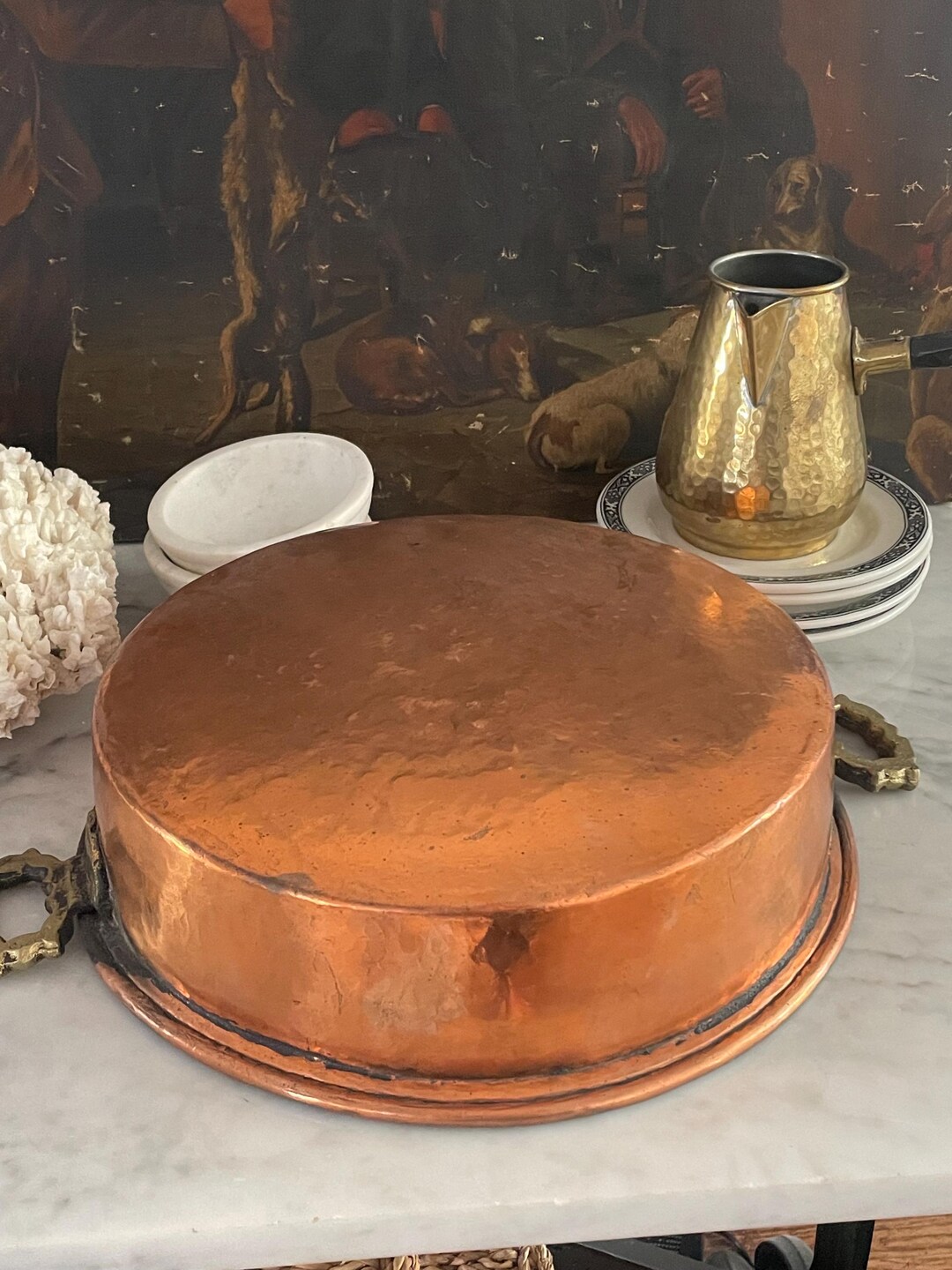 Large Antique Decorative Copper Pan With Brass Handles. French ...