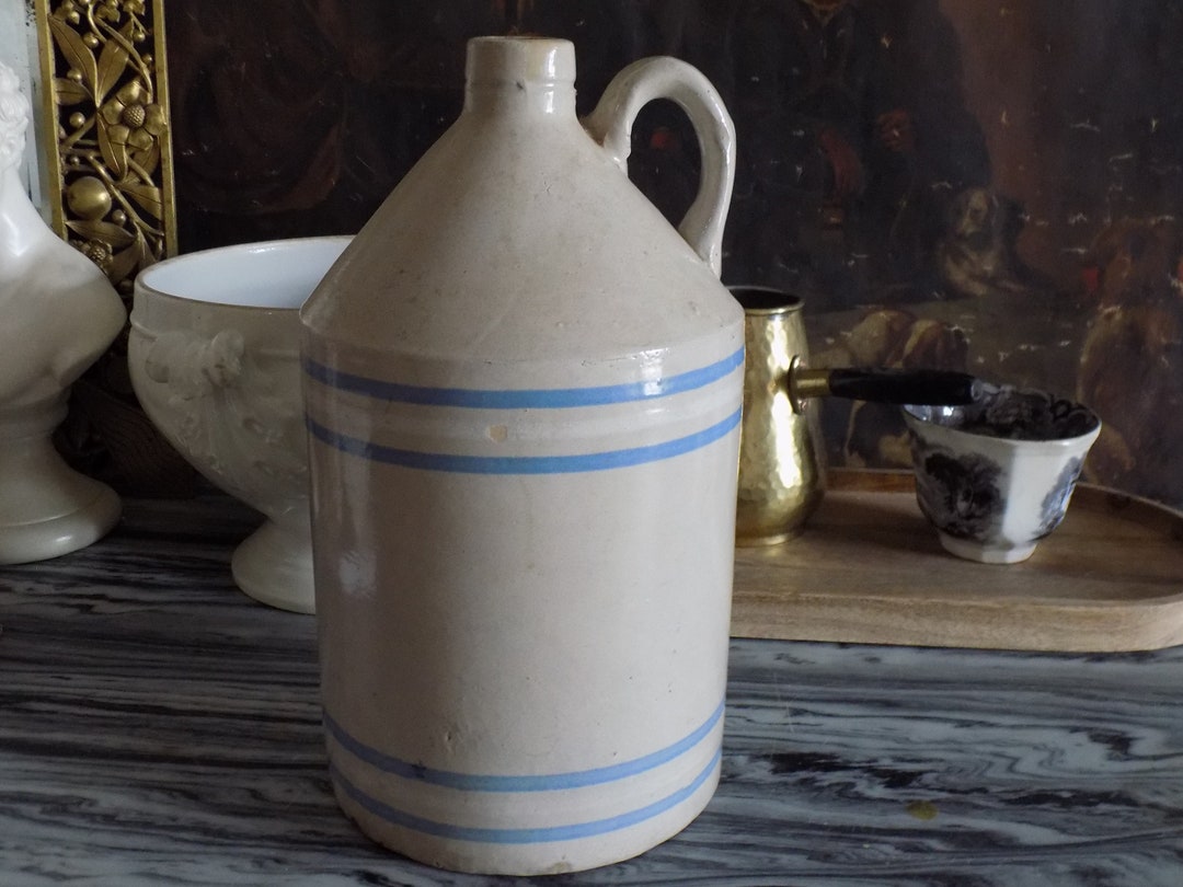 Antique Stoneware Jug. Beige With Blue Stripe. Antique Pottery ...