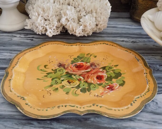 Antique Handpainted Tole Tray. Cottage Roses. Vintage Decorative Tray ...
