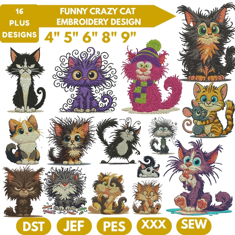 Funny Crazy Cat Machine Embroidery Designs Floral Cat Design Frazzled ...