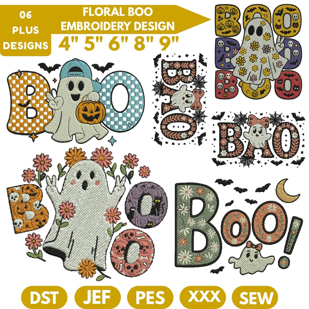 Floral BOO Ghost Embroidery Designs Bundle: Halloween Stitching ...