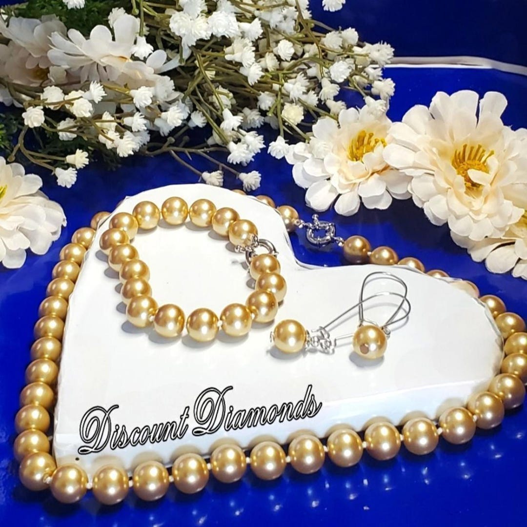 Gold 10mm South sea Shell Pearls 4 Pc Necklace Bracelet & Earrings 925 ...
