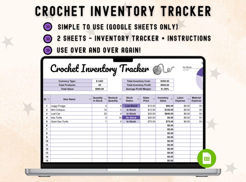 Crochet Inventory Tracker, Inventory Spreadsheet for Crochet Business ...