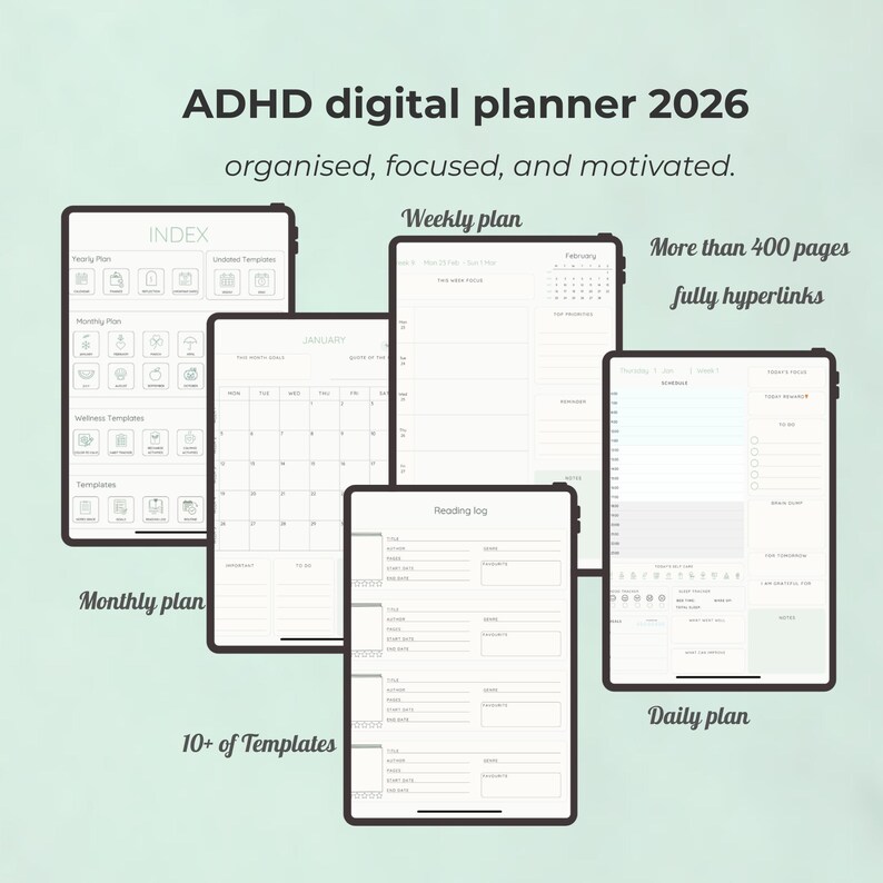 ADHD Digital Planner 2026, Goodnotes, Undated , Yearly, Daily, Weekly ...
