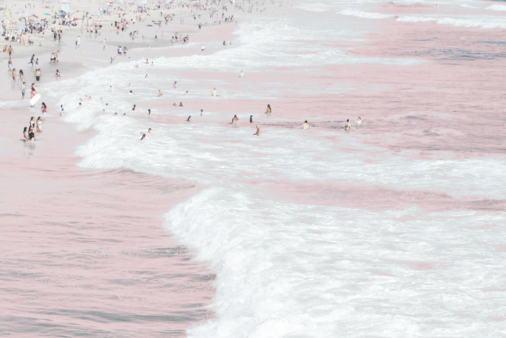Ocean Print in Pink Pastel Beach and Sun Bathers Print - Etsy