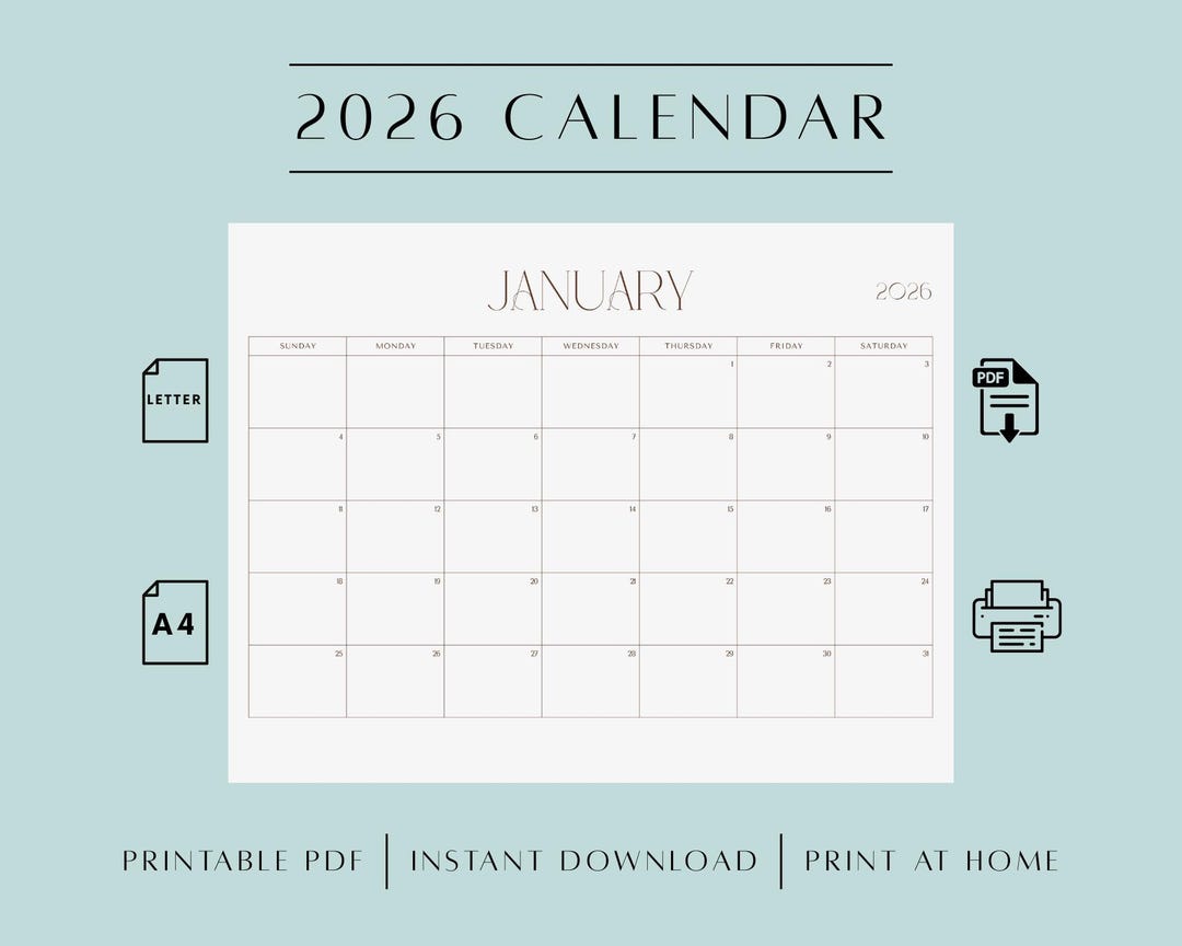 2026 Monthly Calendar – Printable PDF, US Letter & A4 (sunday Start) - Etsy