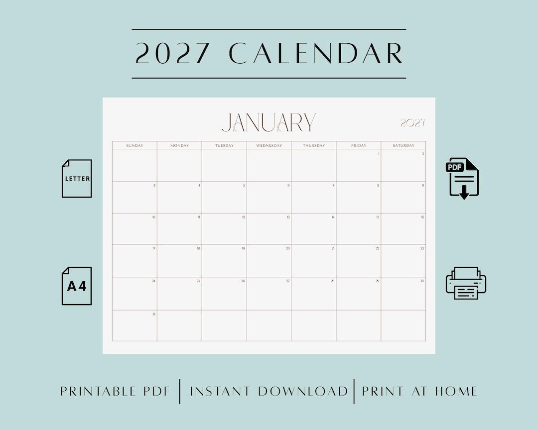 2027 Monthly Calendar Printable | US Letter & A4 Sizes (digital ...