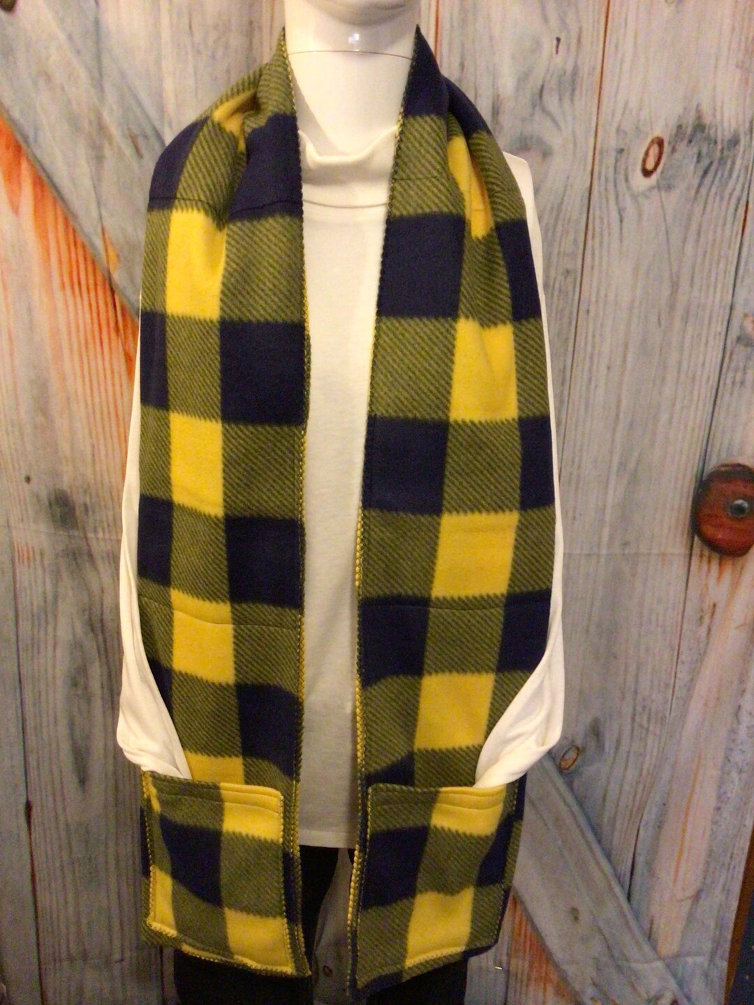 Blue and Yellow Check Fleece Hidden Pocket Scarf - Etsy