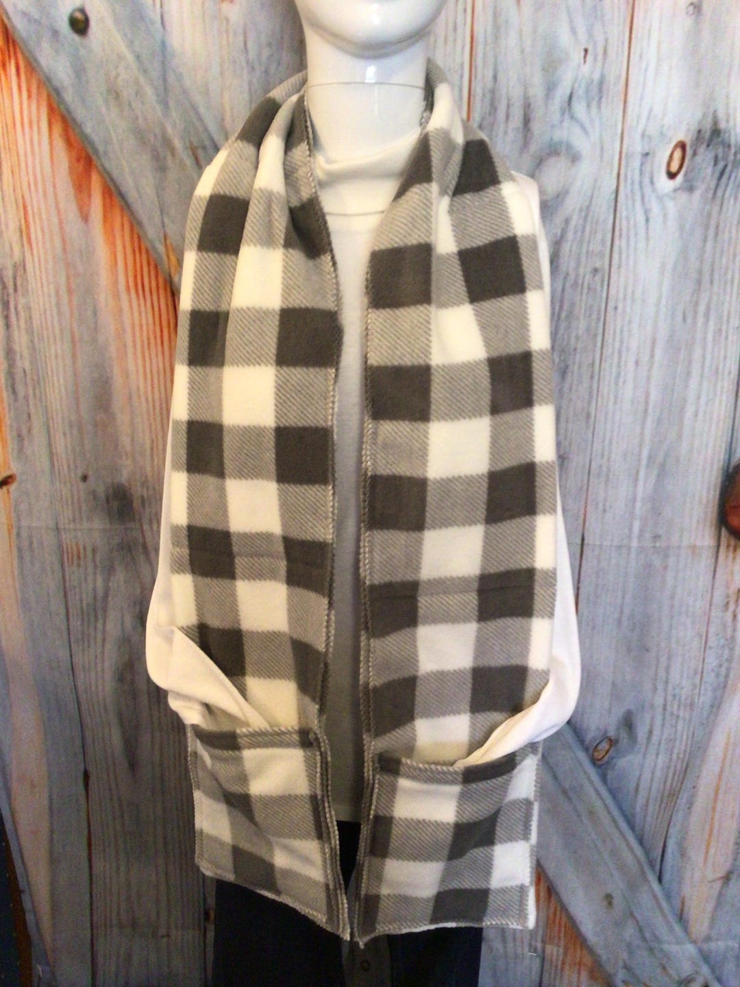 Gray and White Buffalo Check Fleece Hidden Pocket Scarf - Etsy