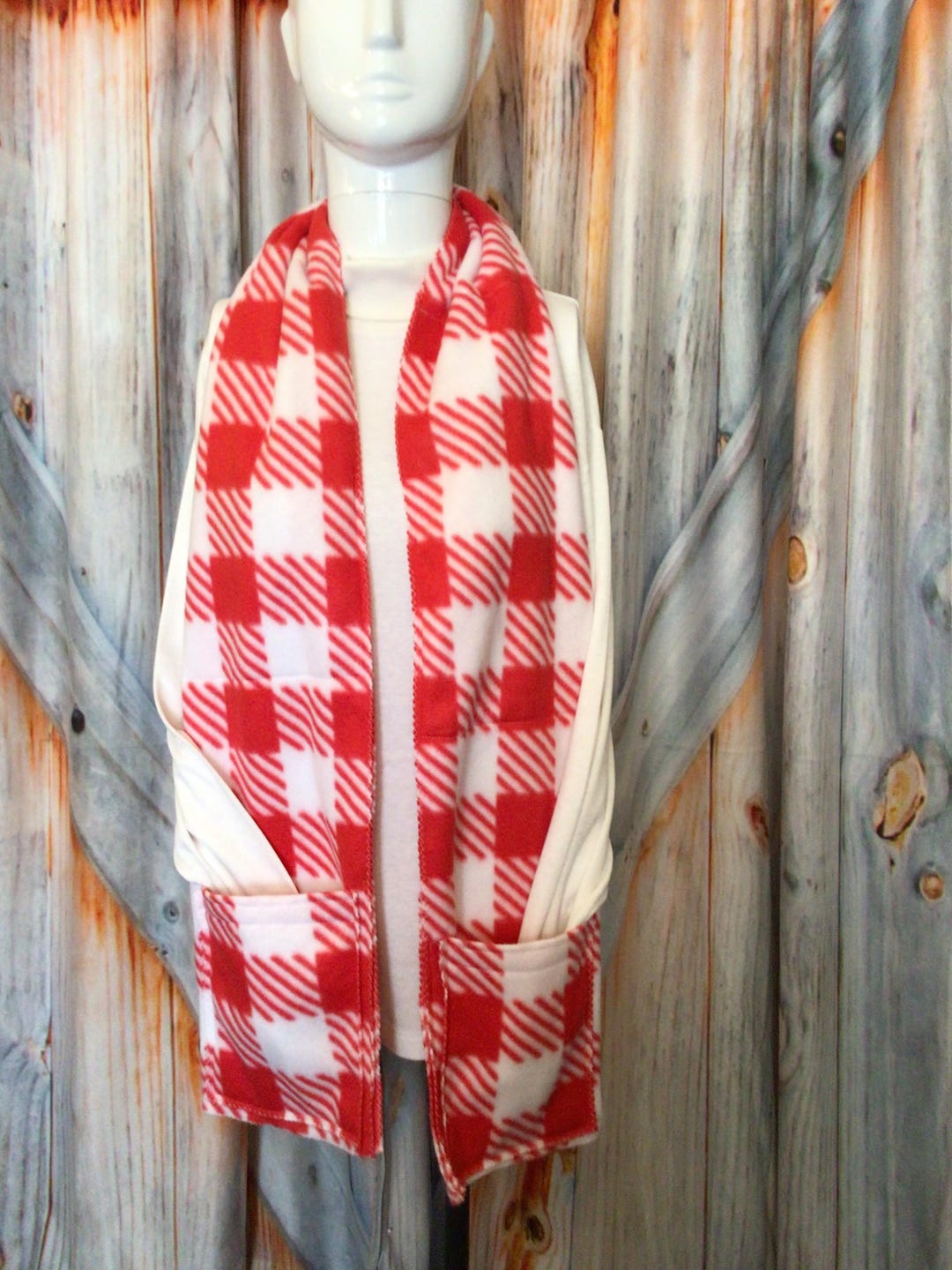 Red and White Buffalo Check Fleece Hidden Pocket Scarf - Etsy