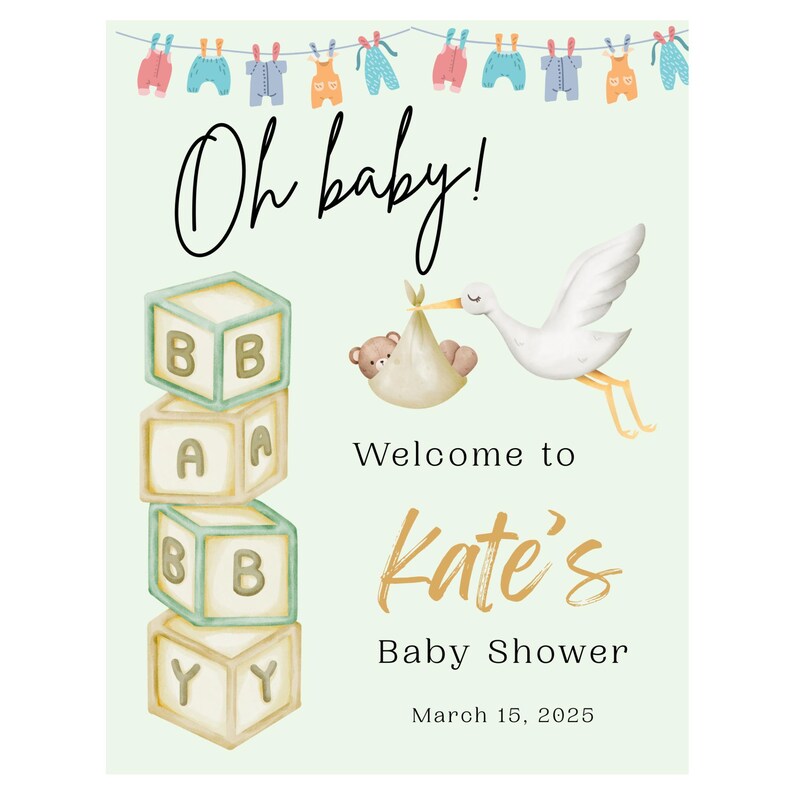 Custom Baby Shower Welcome Sign: Stork & Baby Blocks (digital Download ...