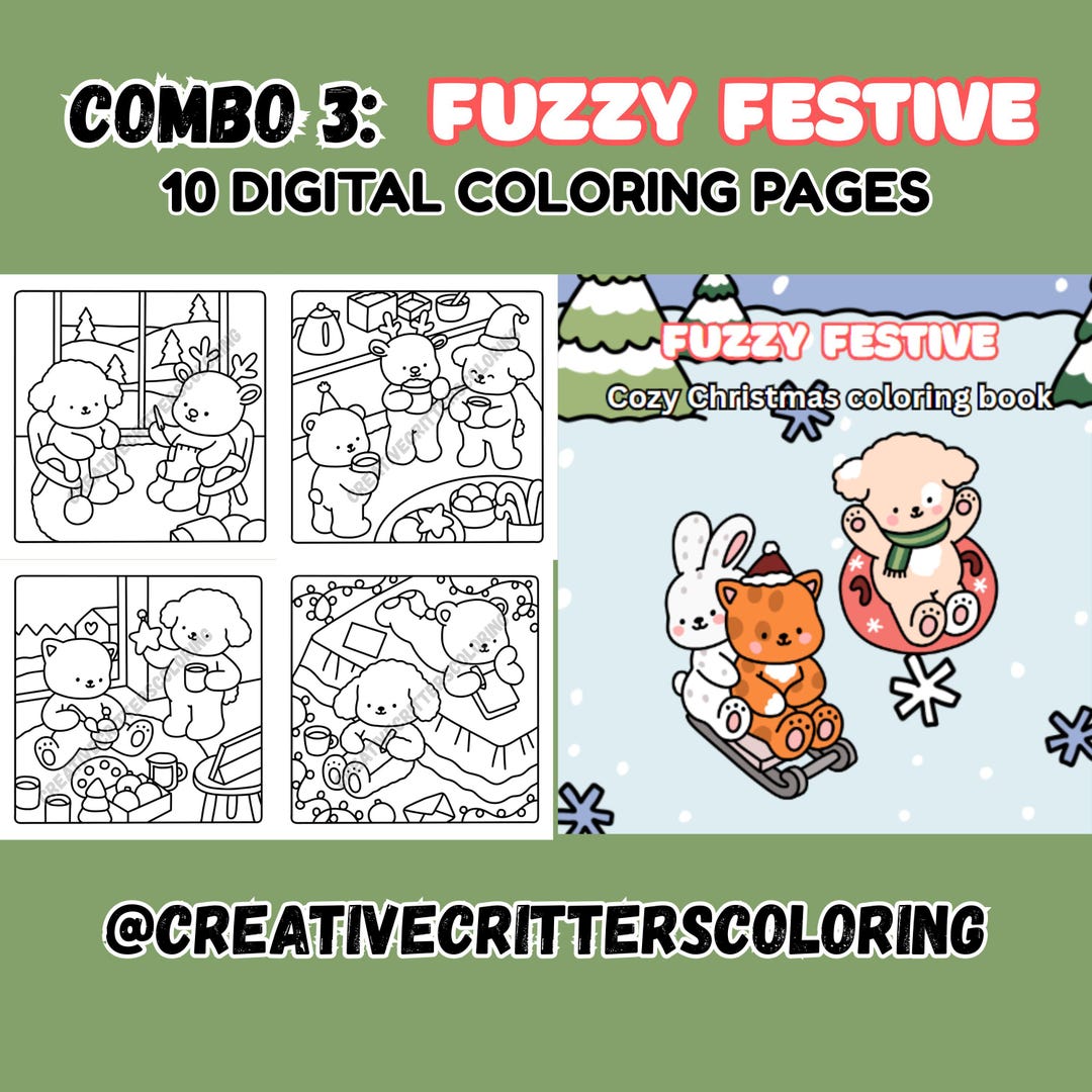 Fuzzy Festive Christmas Coloring Pages – Kawaii Friends (10 Pages ...