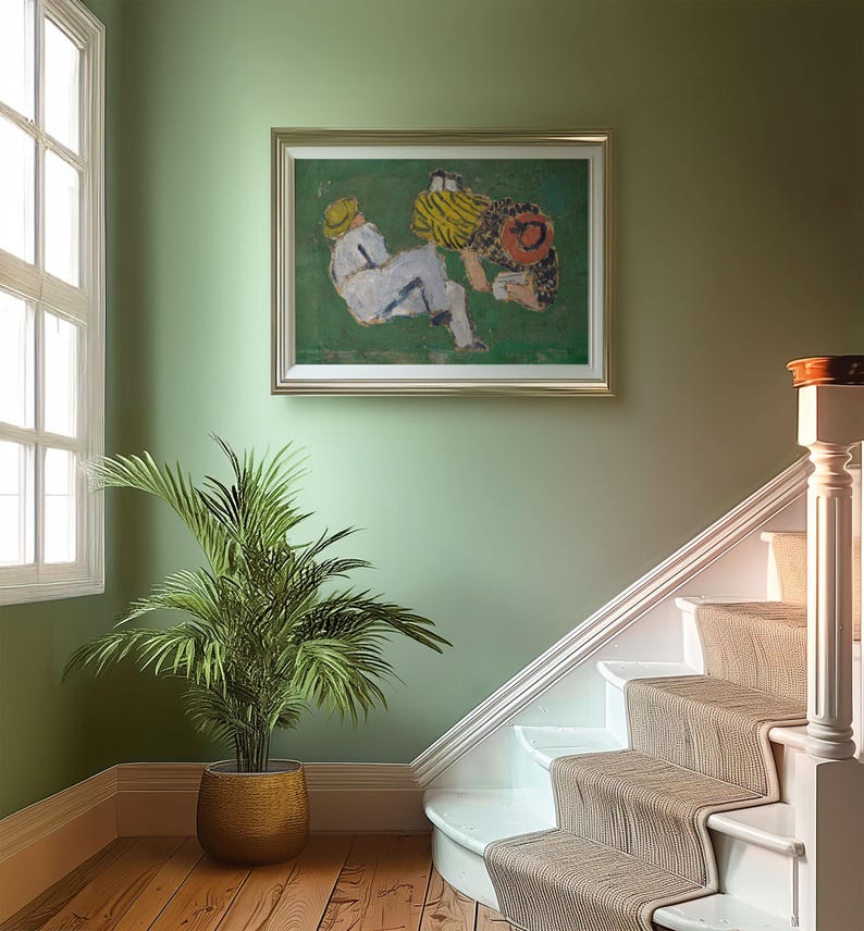 Vintage Modernist Abstract Figures Wall Art | Mid Century Green Field ...