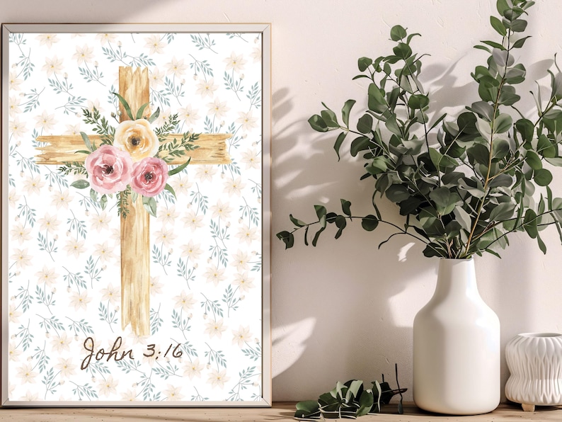 Easter Cross With John 3:16 Bible Verse and Foliage Wall Art Bundle - Etsy