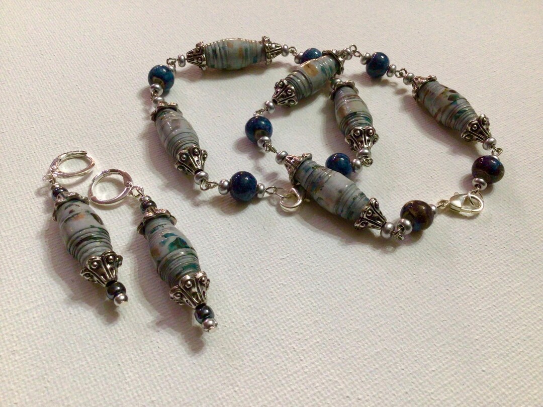 Blue Cloud Paper Bead Bracelets and Earring Set. No. 287 - Etsy