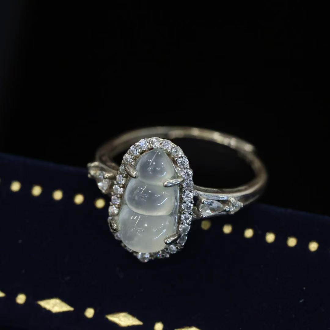 Natural Ice Jadeite Bean Ring - Burmese White Jade Silver Ring | S925 ...