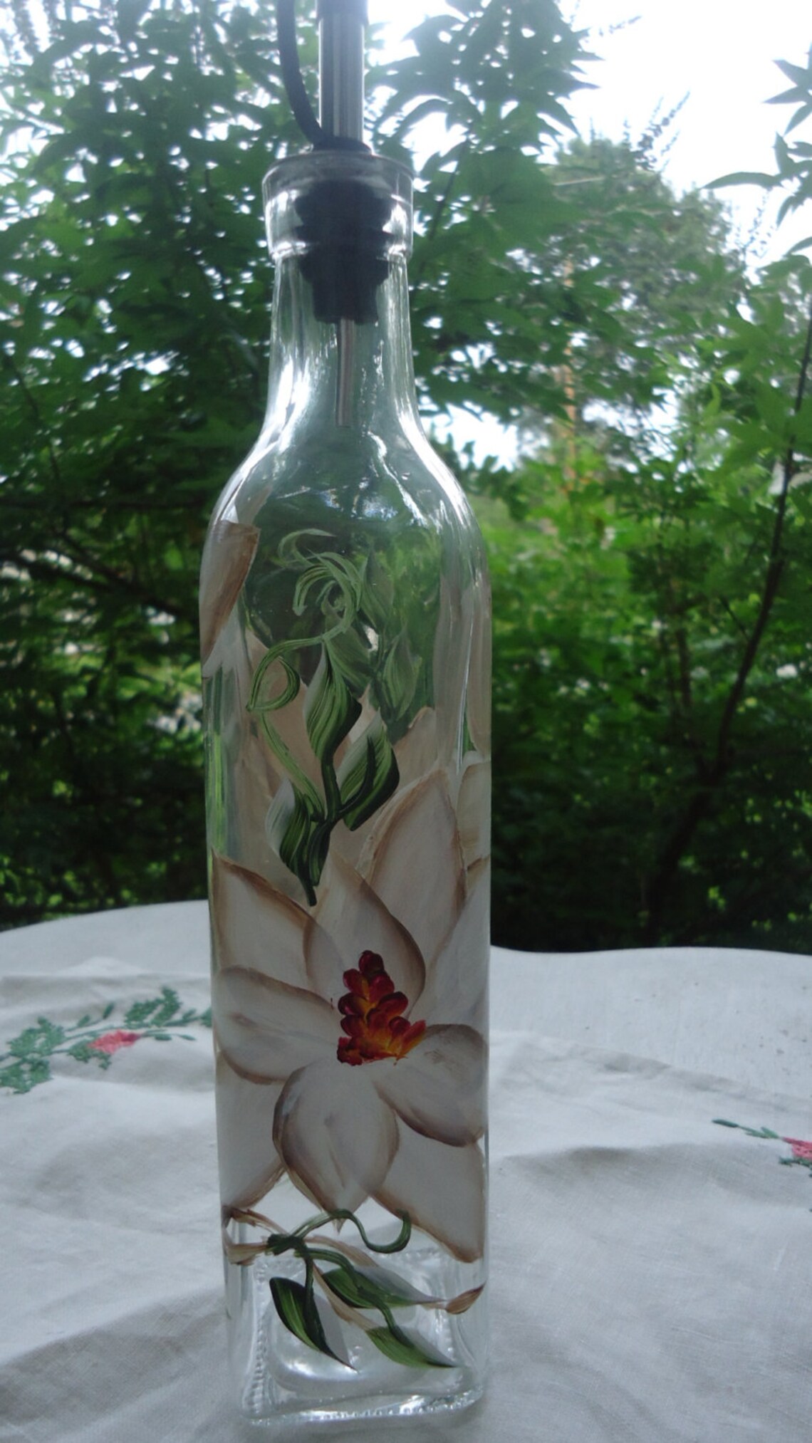 Hand painted magnolia bottle for liquid soap oil or vinegar | Etsy