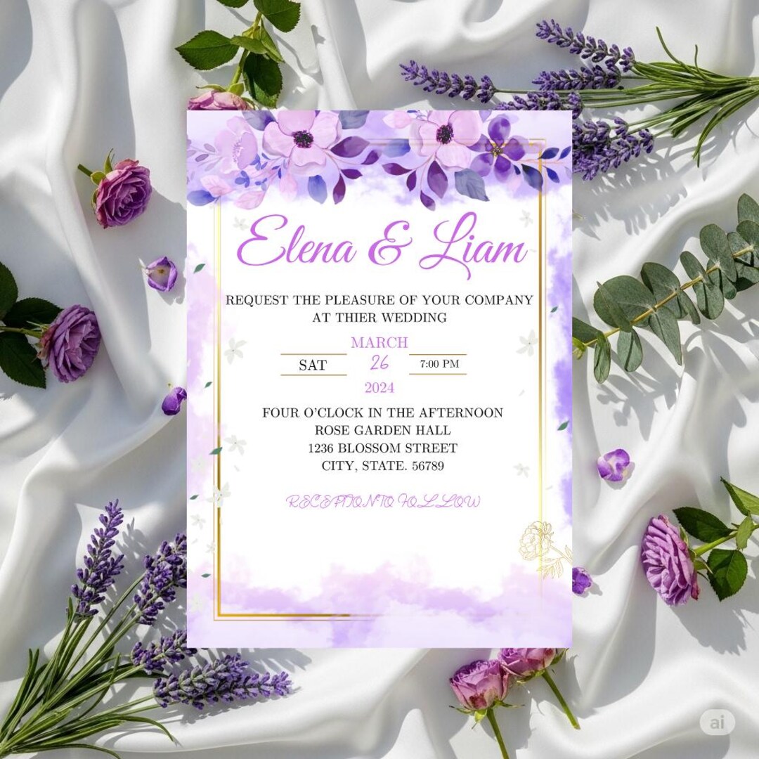 Elegant Purple Wedding Invitation Template: Minimalist Design (digital ...